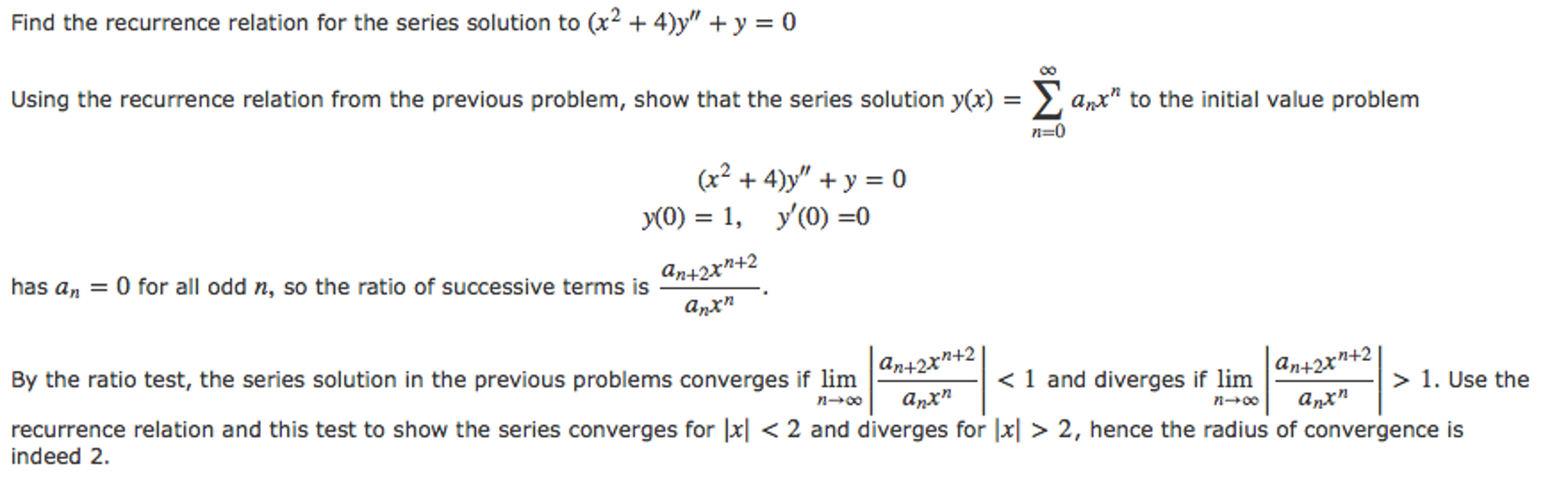 Find the recurrence relation for the series solution | Chegg.com
