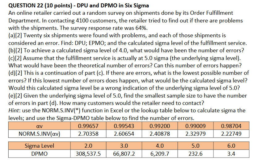 Solved QUESTION 22 (10 points) - DPU and DPMO in Six Sigma | Chegg.com