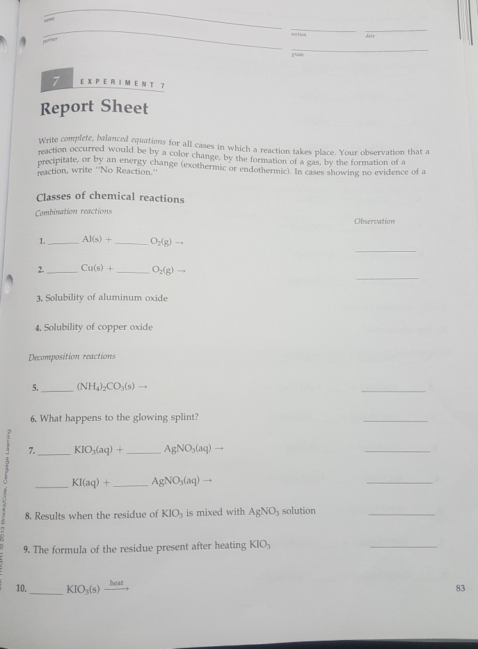 Solved date rade EXPERIMENT 7 Report Sheet Write complete, | Chegg.com