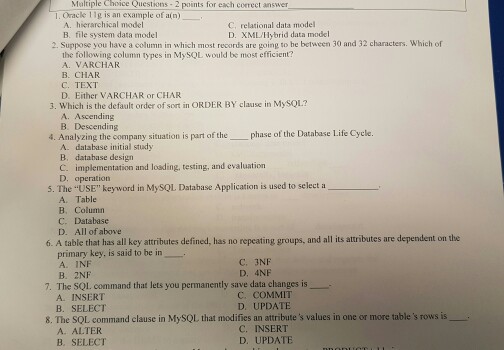 Solved Multiple choice Questions 2 points for each corect | Chegg.com