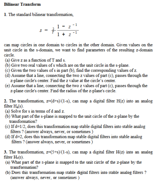 Bilinear Transform 1. The standard bilinear | Chegg.com