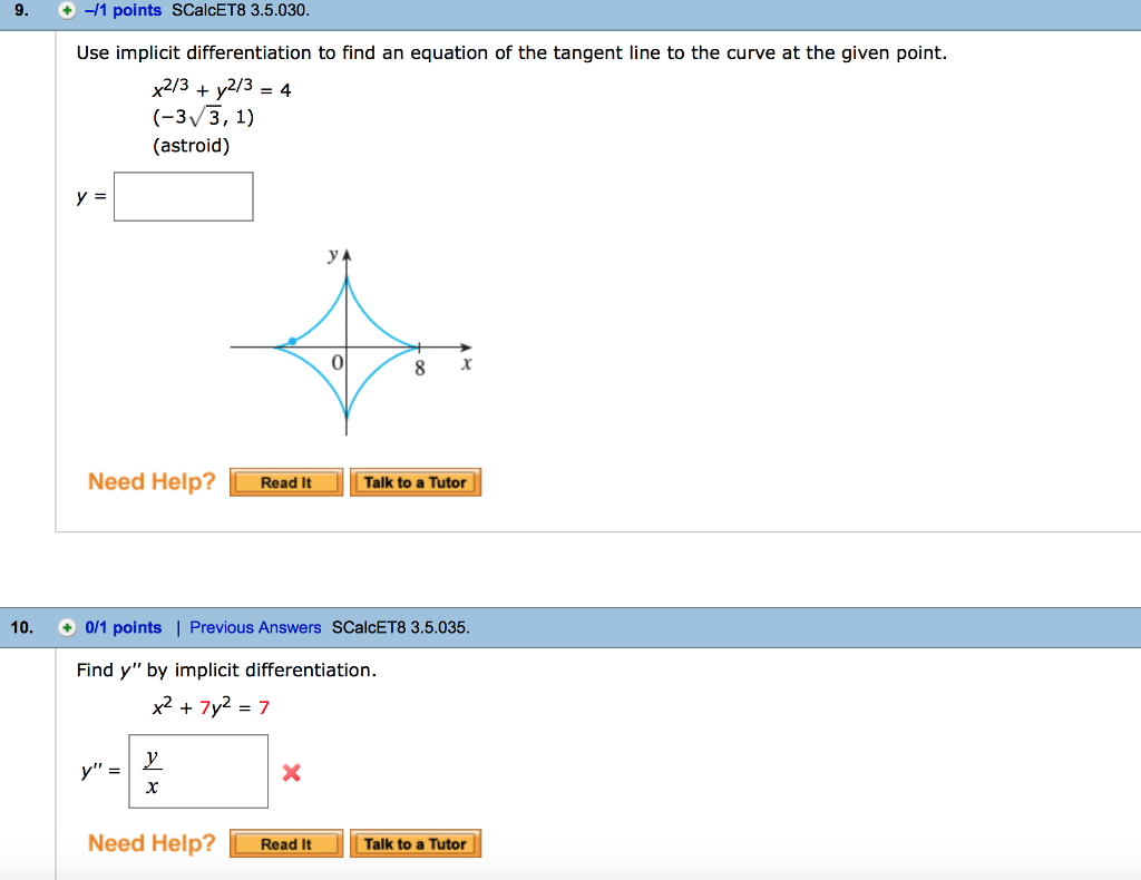 Solved 9. + ㅢ1 points SCalcET8 3.5.030 Use implicit | Chegg.com