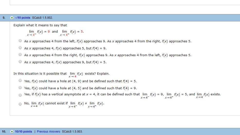 Solved 9. +-/10 points SCalc8 1.5.002. Explain what it means | Chegg.com