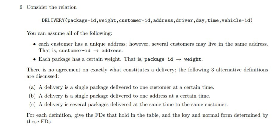 Solved 6. Consider the relation DELIVERY | Chegg.com