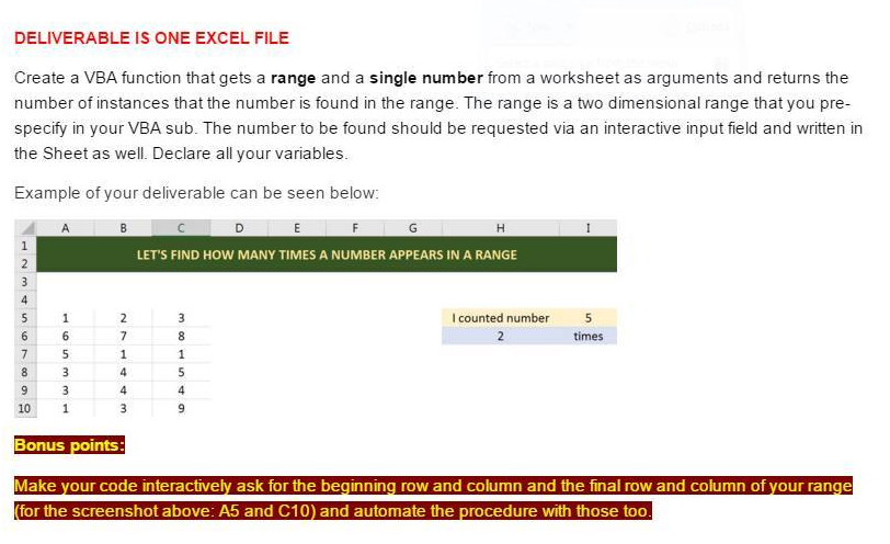 Solved DELIVERABLE IS ONE EXCEL FILE Create a VBA function | Chegg.com