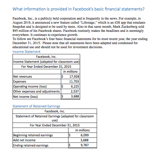 Solved What information is provided in Facebook's basic | Chegg.com