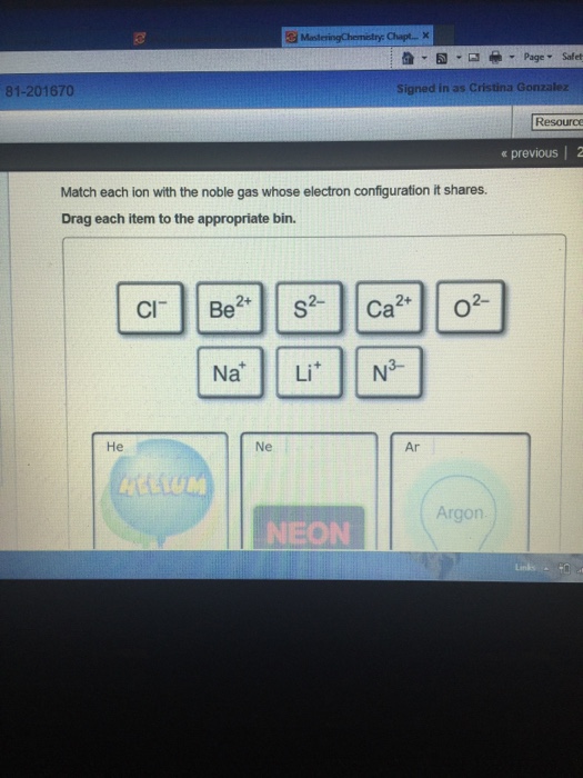 Solved Match the ion with the noble gas whose electron | Chegg.com Solved Match the ion with the noble gas whose electron | Chegg.com