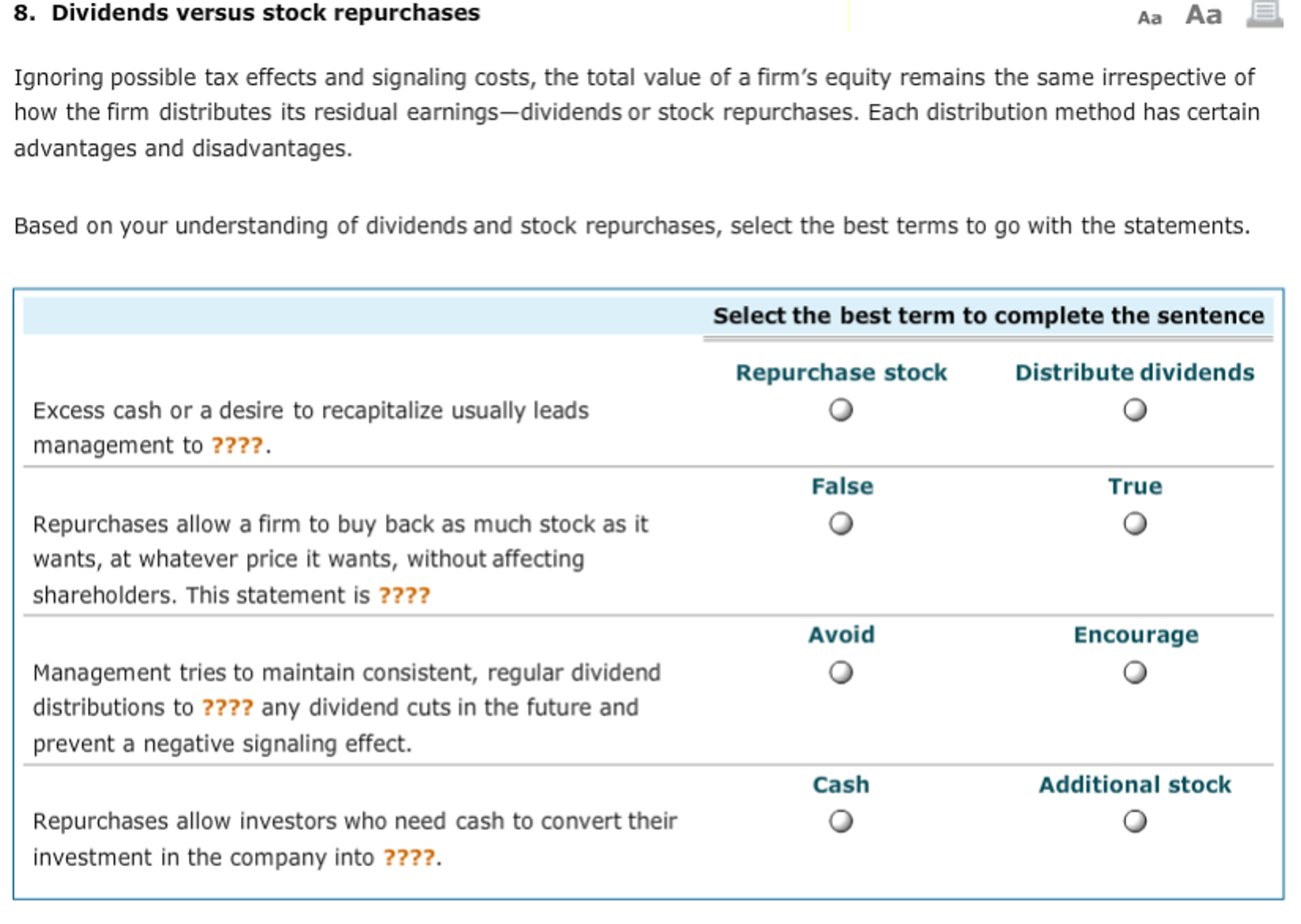 Solved Dividends Versus Stock Repurchases Ignoring Possible Chegg