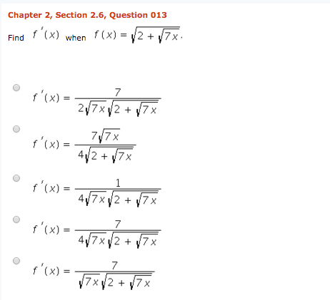 Solved Find f'(x) when f(x) = squareroot 2 + squareroot 7 x. | Chegg.com