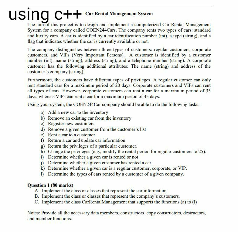 Car Rental Management System The aim of this project | Chegg.com