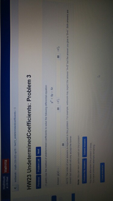 Solved HW23 UndeterminedCoefficients: Problem 3 Answer wr) | Chegg.com