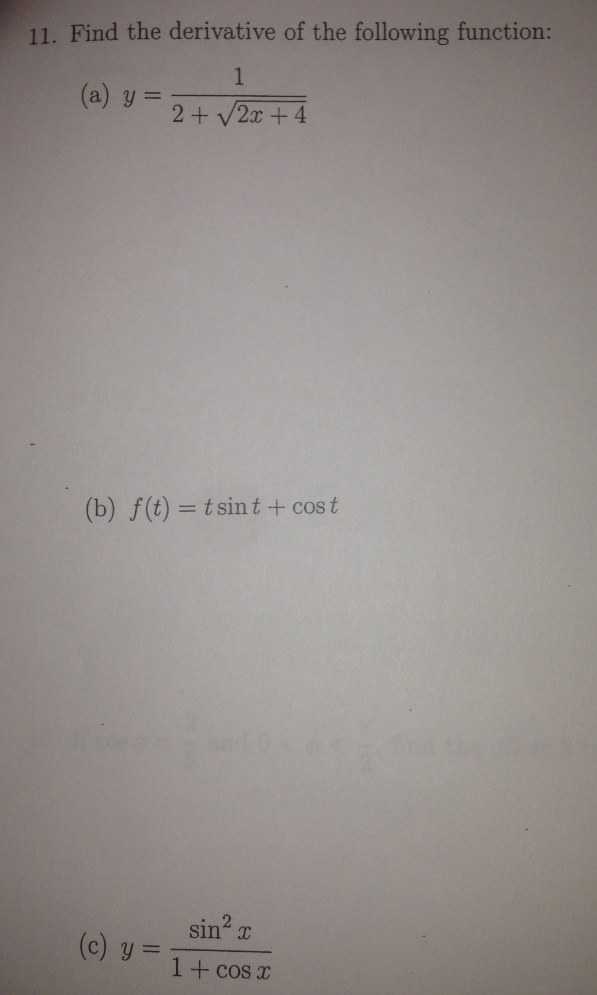 Solved 11. Find the derivative of the following function: | Chegg.com