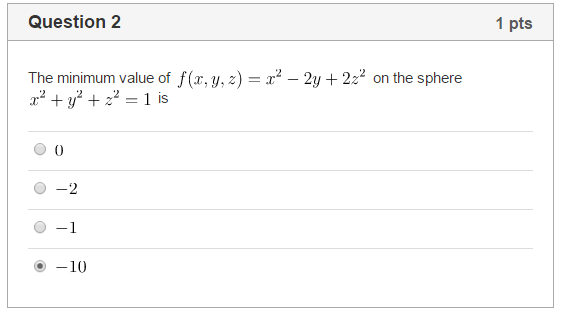 Solved The minimum value of f(x,y,x)=x^2 - 2y + 2z^2 on the | Chegg.com