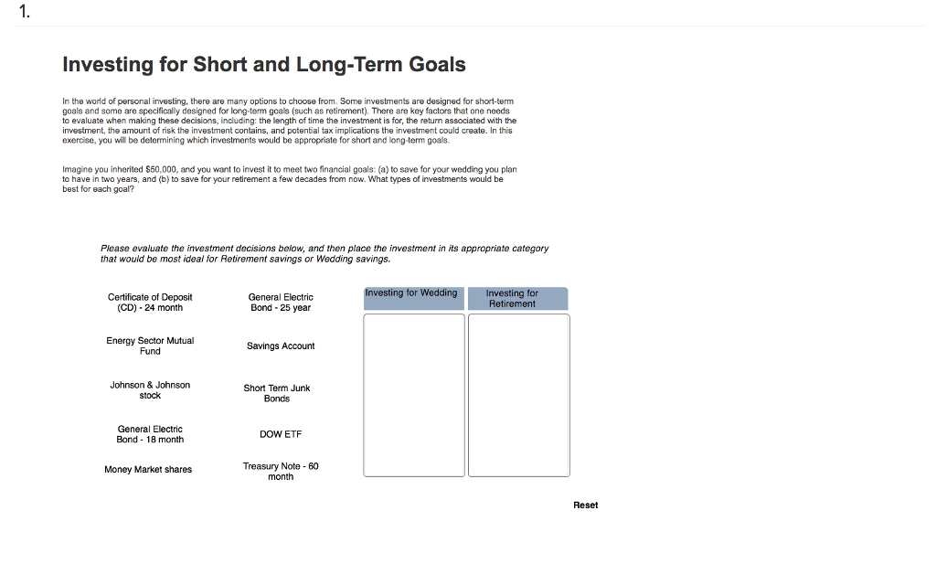 Solved 1. Investing for Short and Long-Term Goals In the | Chegg.com