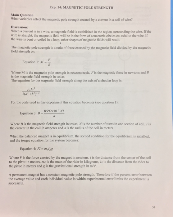 Solved Exp. 14: MAGNETIC POLE STRENGTH Main Question What | Chegg.com