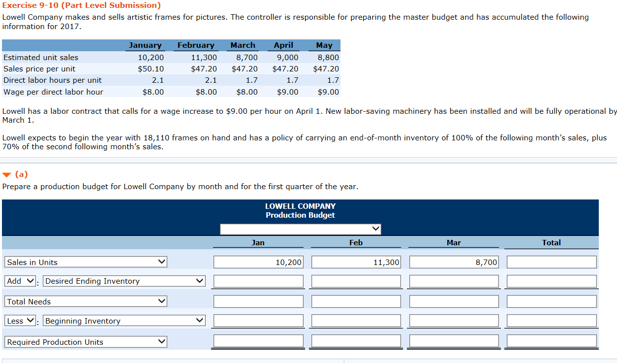 Solved Exercise 9-10 (Part Level Submission) Lowell Company | Chegg.com
