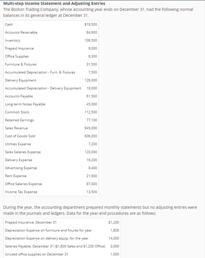 Solved Multi-step Income Statement and Adjusting Entries The | Chegg.com