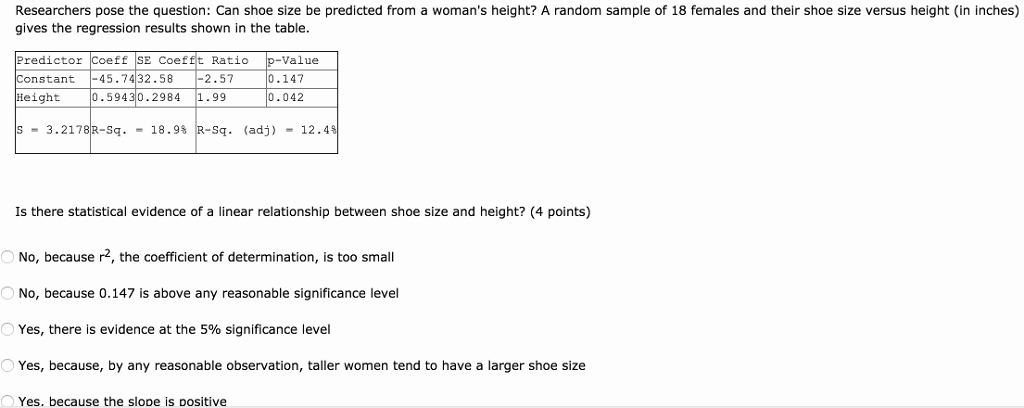 Solved Researchers pose the question: Can shoe size be | Chegg.com