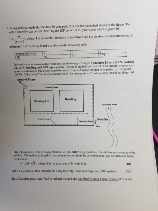 Using rational method, calculate 50 year peak flow | Chegg.com