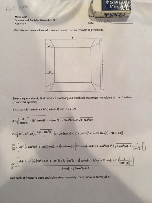 Solved Find the maximum volume of a square based frustum | Chegg.com