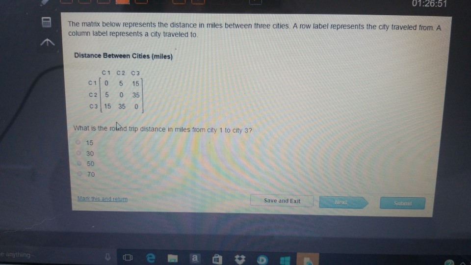 Solved 01:26:51 The matrix below represents the distance in | Chegg.com