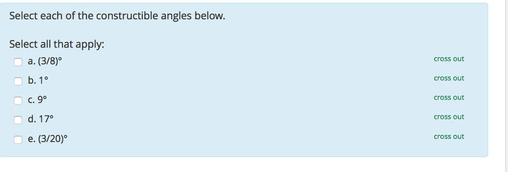 Solved Select each of the constructible angles below. | Chegg.com