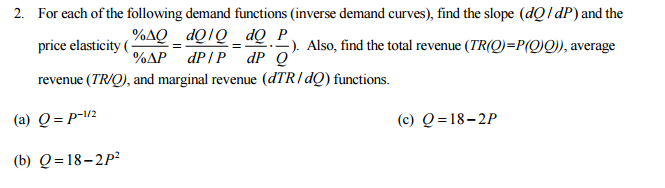 Solved For each of the following demand functions (inverse | Chegg.com
