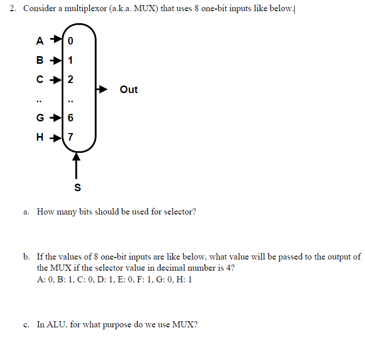 Solved 2. Consider a multiplexor (a.k.a. MUX) that uses 8 | Chegg.com
