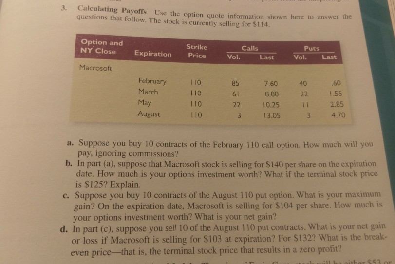 Solved 3. Calculating Payoffts Use the option quote | Chegg.com