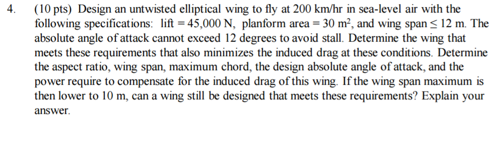 Design an untwisted elliptical wing to fly at 200 | Chegg.com