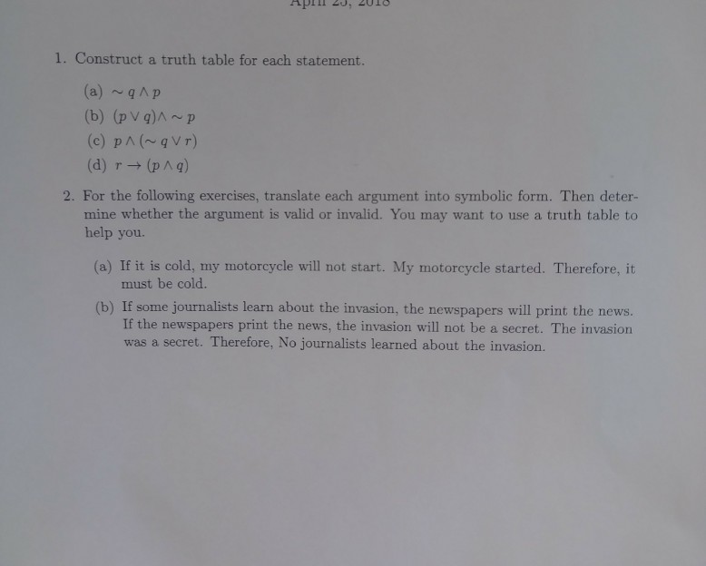 Solved 1. Construct a truth table for each statement. (a) ~q | Chegg.com