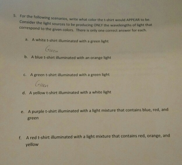 Solved 5. For the following scenarios, write what color the | Chegg.com