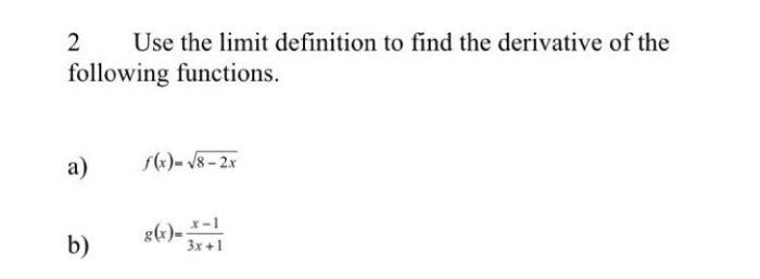 Solved Use the limit definition to find the derivative of | Chegg.com