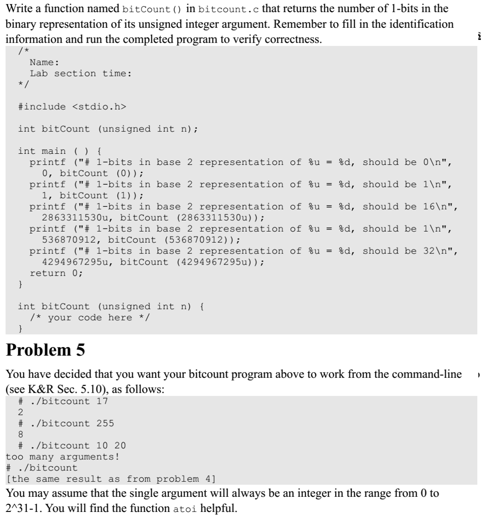 Solved Write A Function Named Bitcount In Bitcountc That 0768