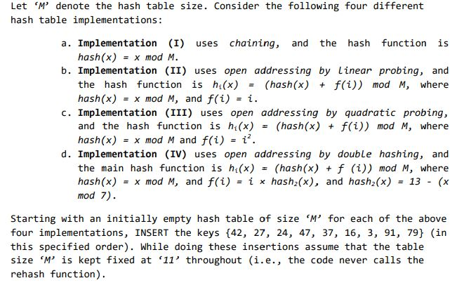 Solved Let 'M' denote the hash table size. Consider the | Chegg.com