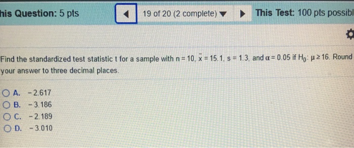 Solved Find the standardized test statistic t for a sample | Chegg.com