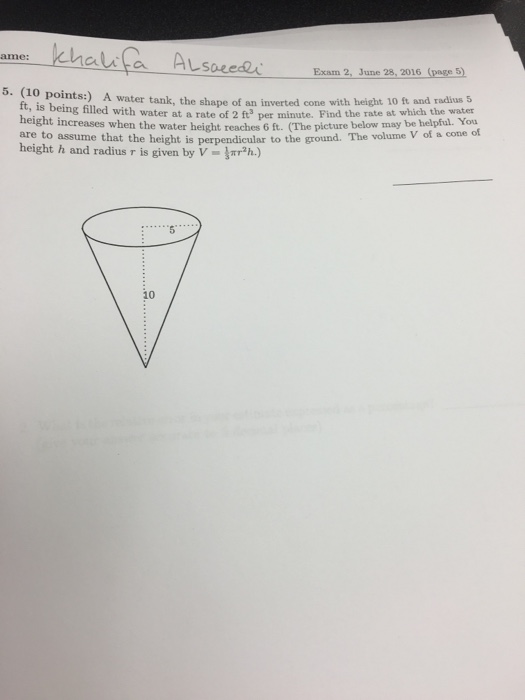 Solved A water tank, the shape of an inverted cone with | Chegg.com