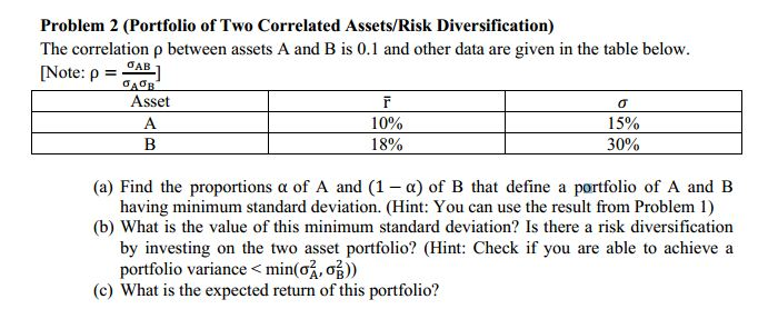 The correlation rho between assets A and B is 0.1 and | Chegg.com