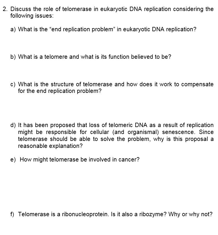Solved 2. Discuss the role of telomerase in eukaryotic DNA | Chegg.com