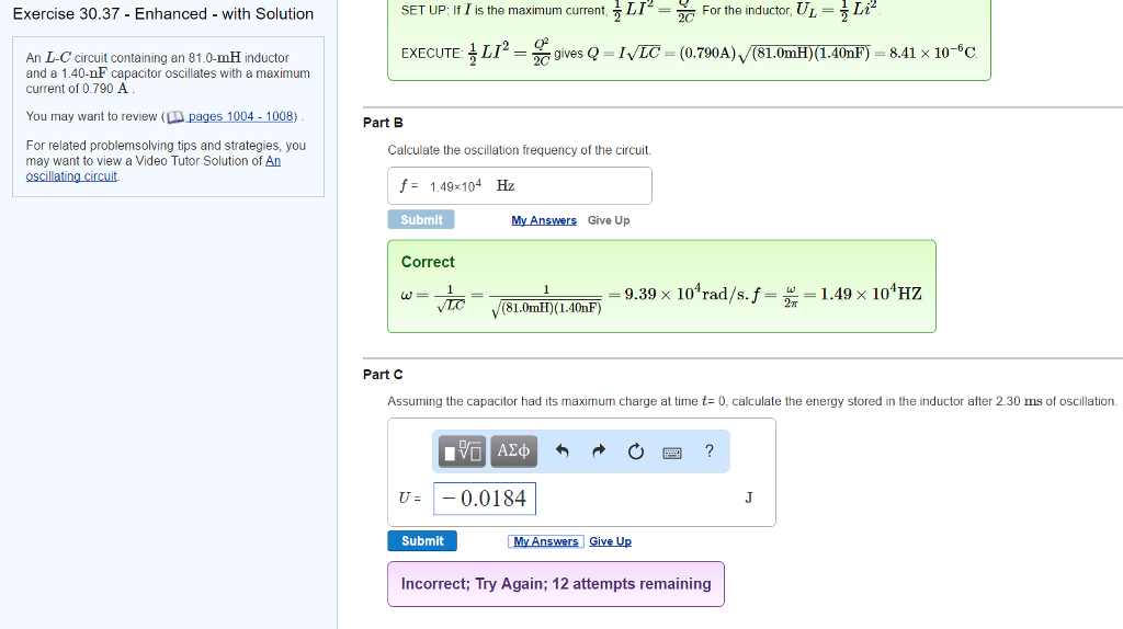 Solved An L C Circuit Containing An 81 0 Mh Inductor And A