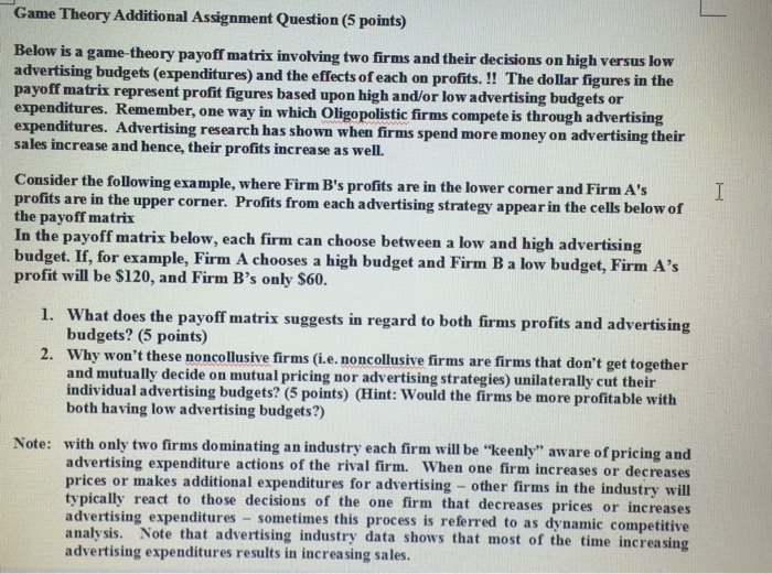 Solved Game Theory Additional Assignment Question (5 points | Chegg.com