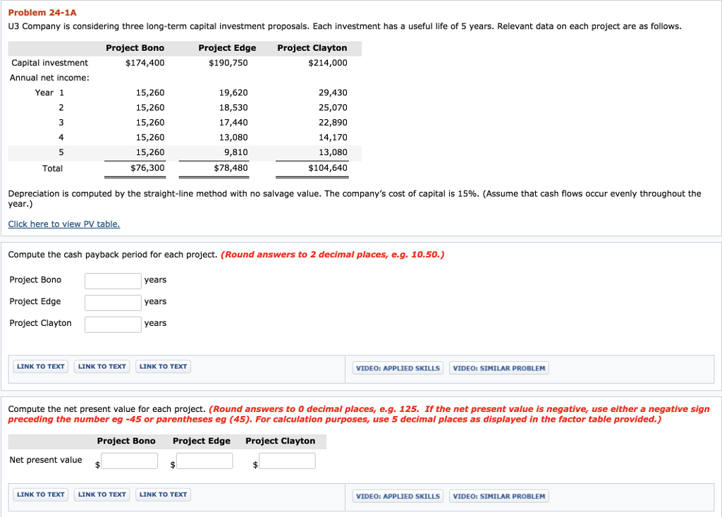 Solved Problem 24-1A U3 Company is considering three | Chegg.com