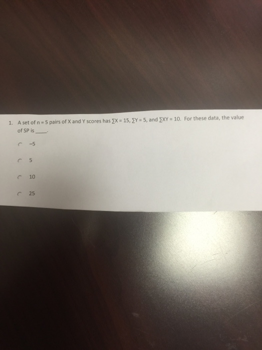Solved A set of n = 5 pairs of X and Y scores has sigmaX = | Chegg.com