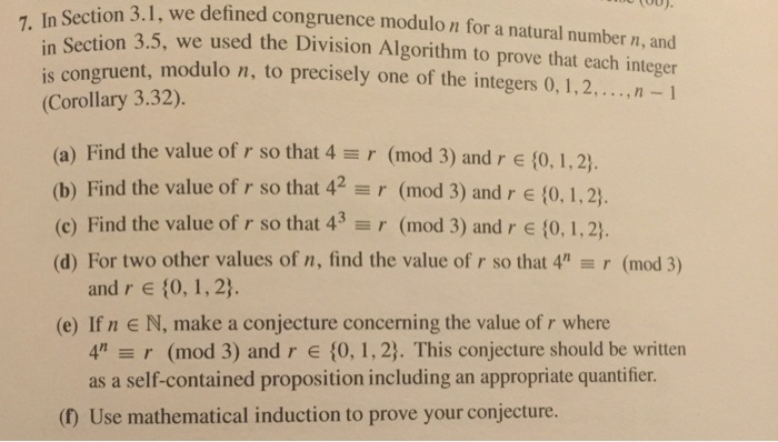Solved In Section 3.1, we defined congruence modulo n for a | Chegg.com