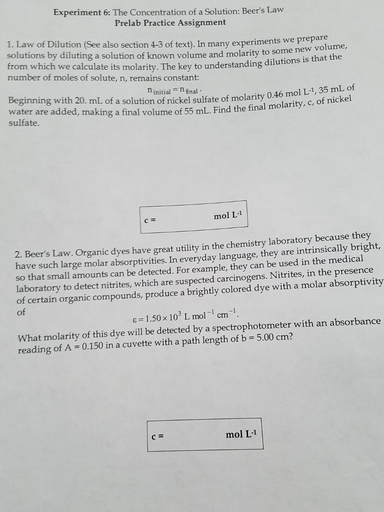 Solved Experiment 6: The Concentration of a Solution: Beer's | Chegg.com