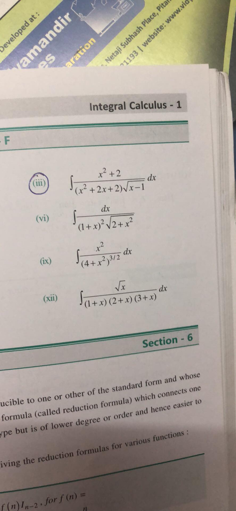 Solved Integral Calculus 1 (iii) dx (r2 +2x +2)NVx-l dx (vi) | Chegg.com