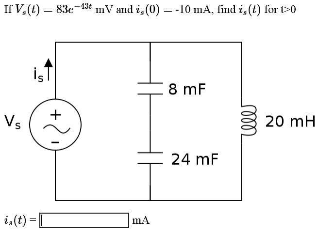 Solved If Vs(t) = 83e^-43t mV and is(0) = -10 mA, find is(t) | Chegg.com