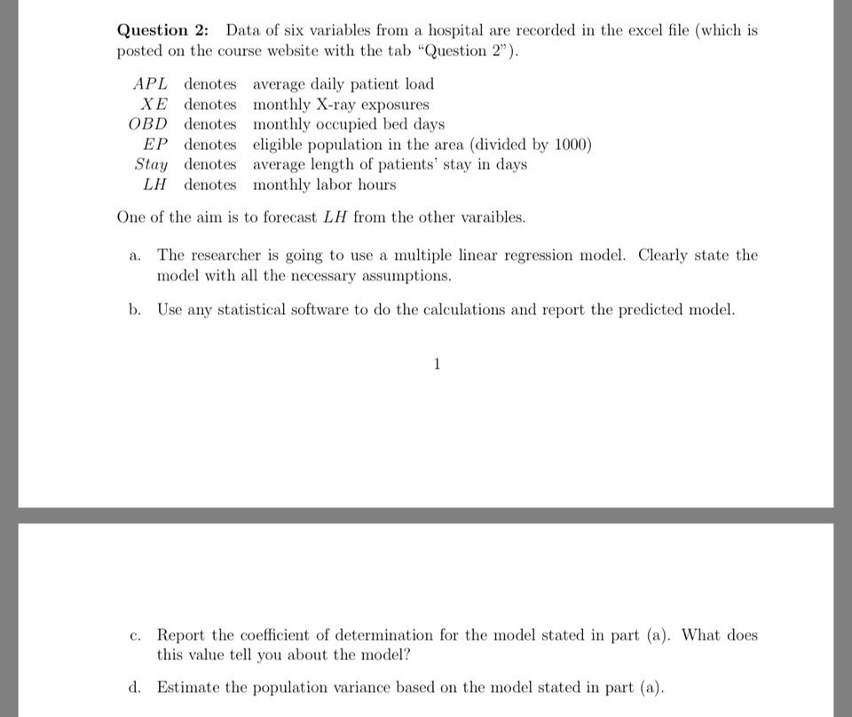 Solved Question 2 Data of six variables from a hospital are | Chegg.com