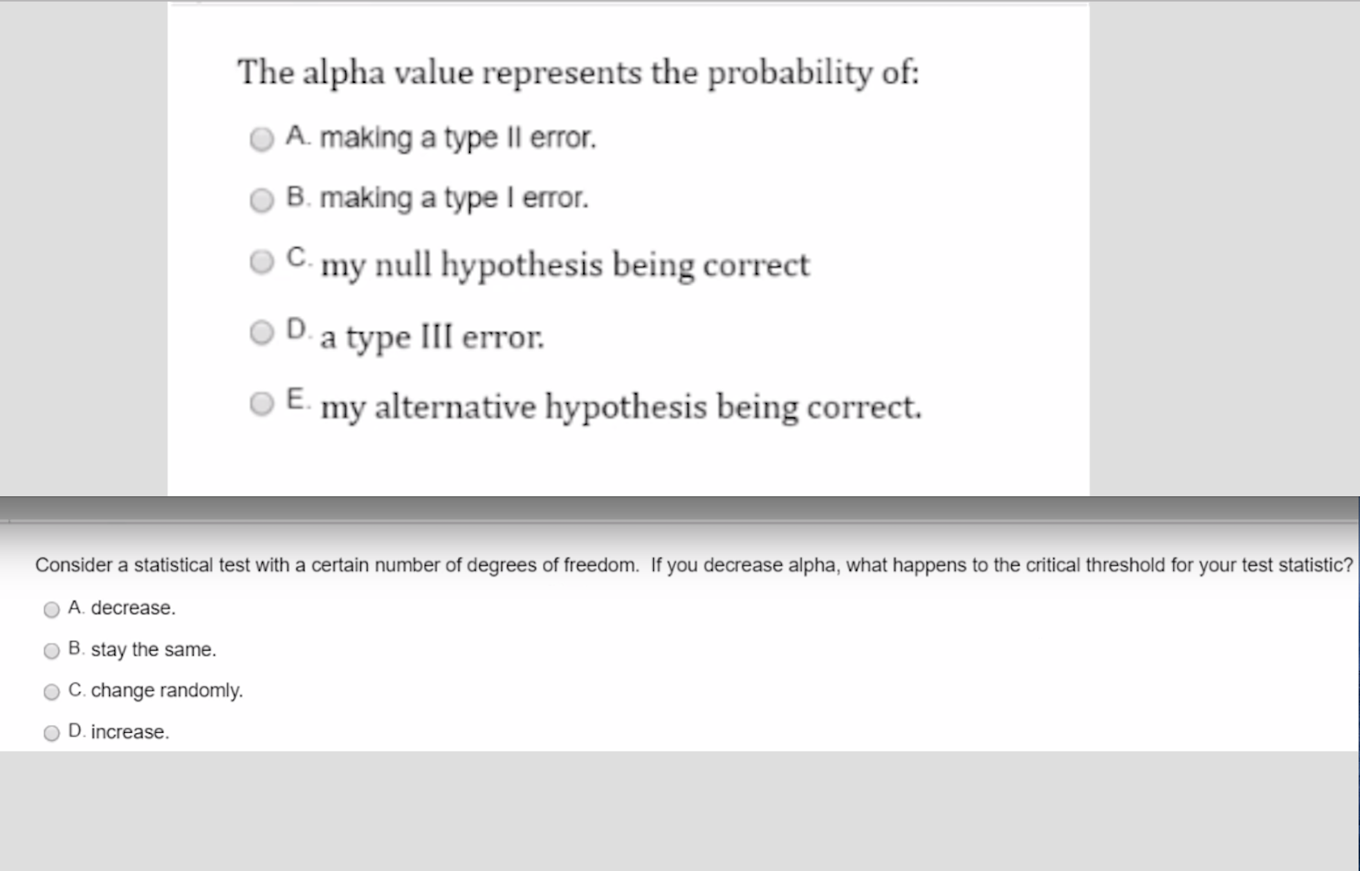 Solved The alpha value represents the probability of: | Chegg.com