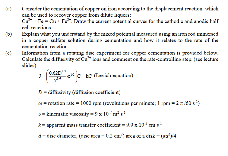 (a) Consider the cementation of copper on iron | Chegg.com